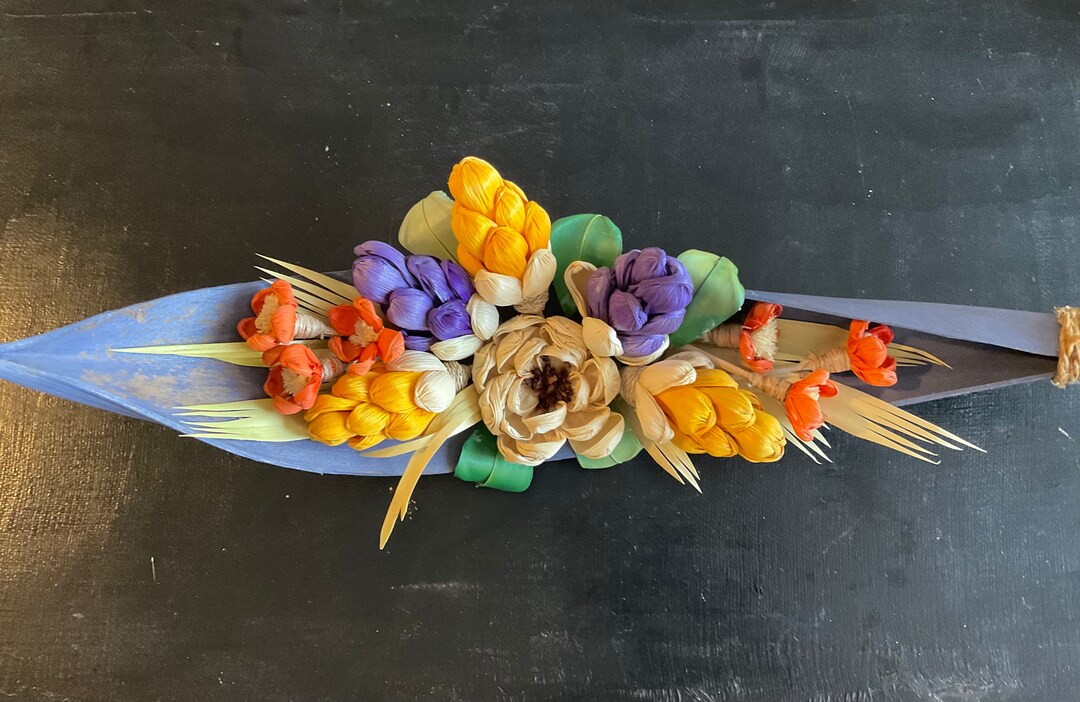 Blue Coconut Spathe With Flower Arrangement. Dried Corn Husk Flowers ...