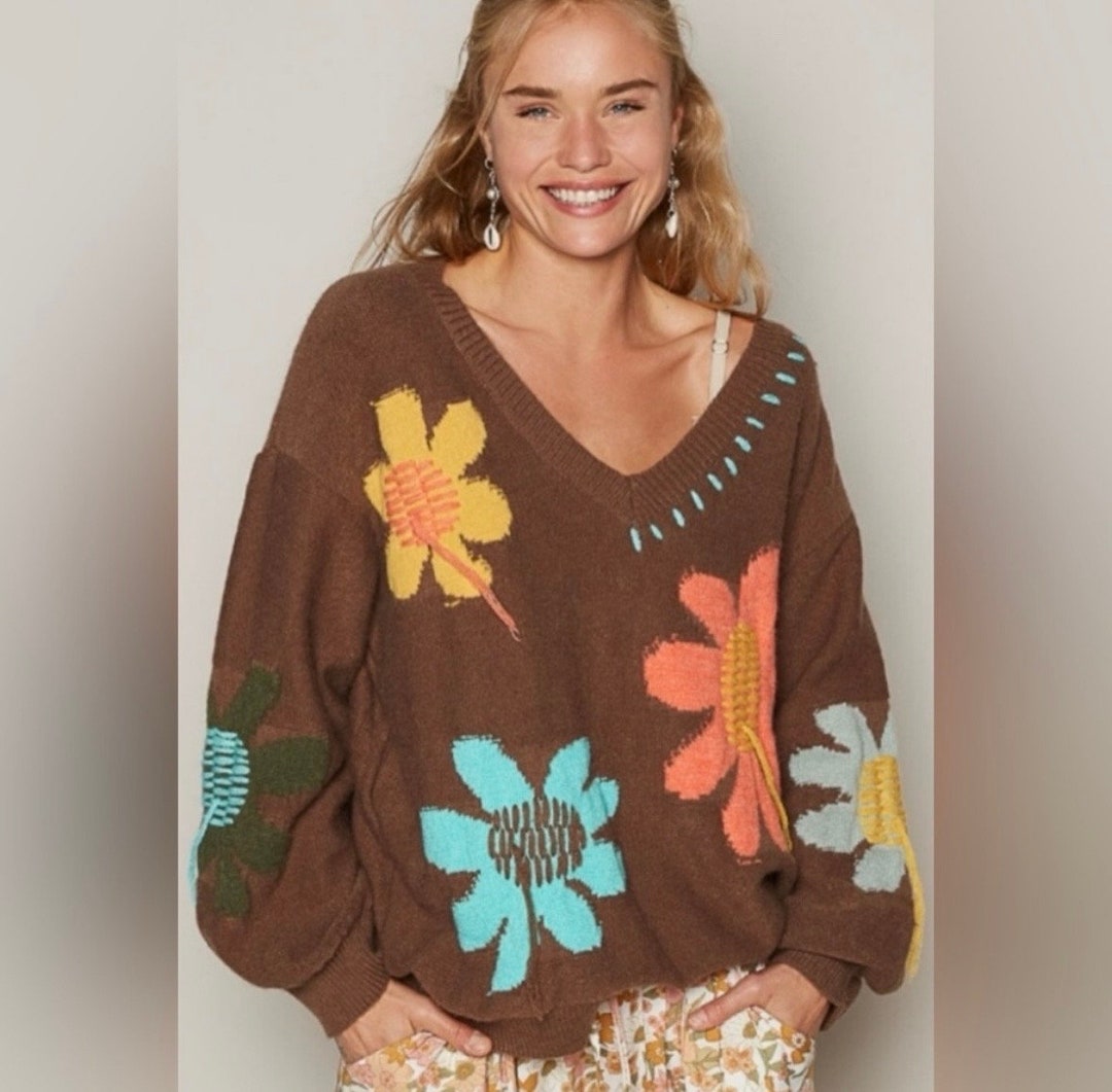 NWT POL Floral Sweater in Chocolate With Multi Flowers-l - Etsy