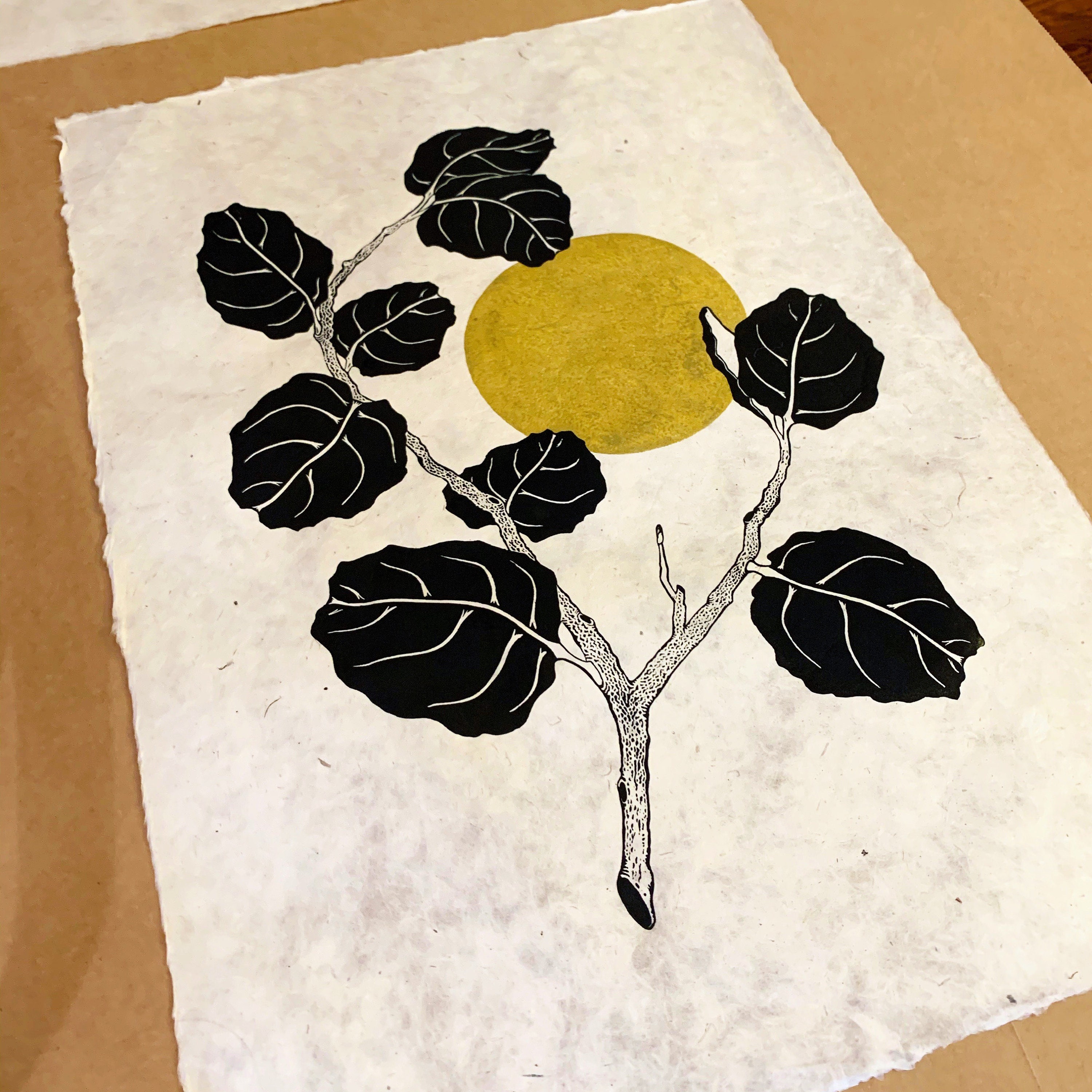 Botanical II: Branch & Moon linocut print on Lama Li Lakota | Etsy