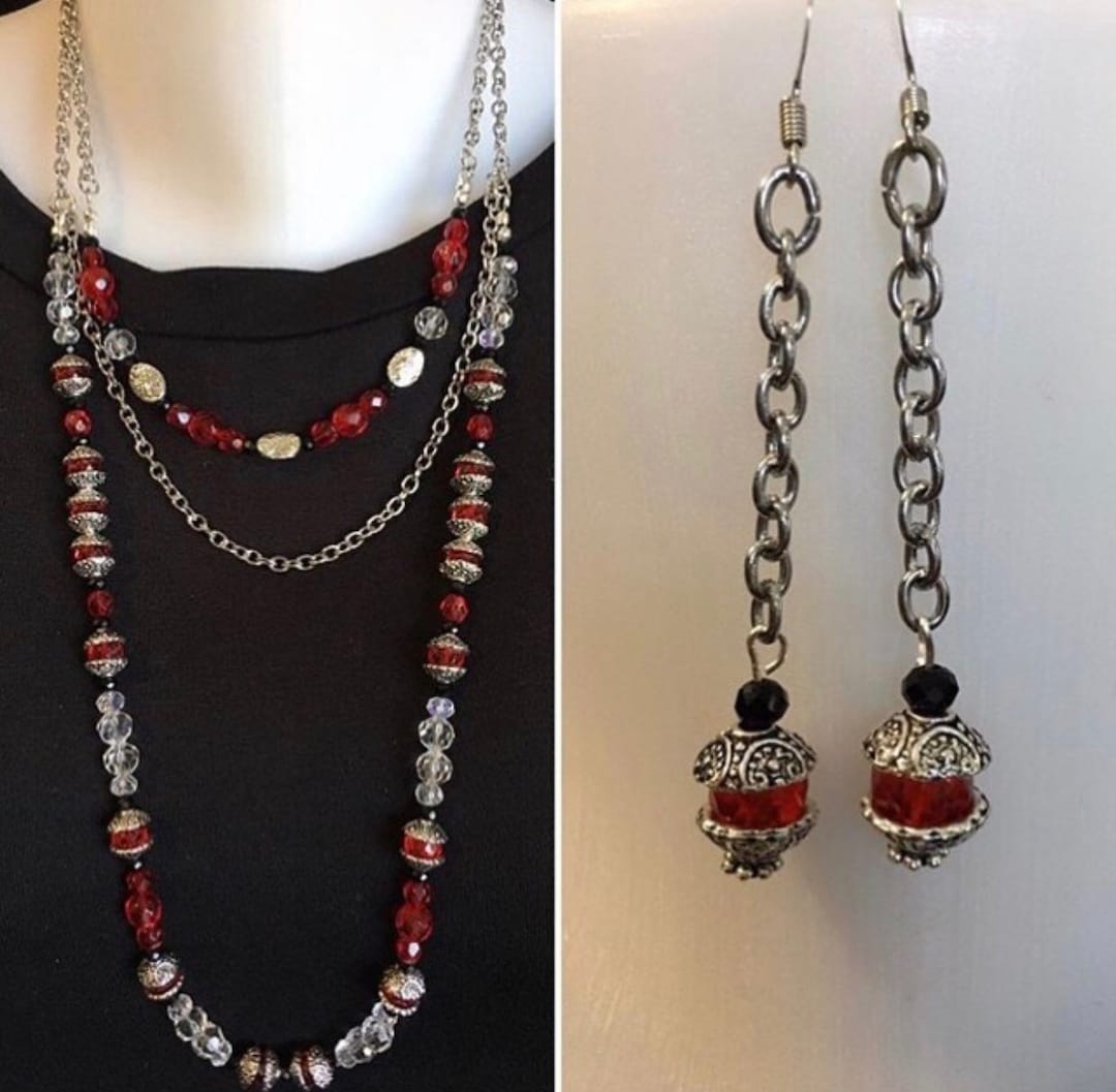 Layered Necklace, 18” Three Layer Necklace Set, Red Necklace Set ...