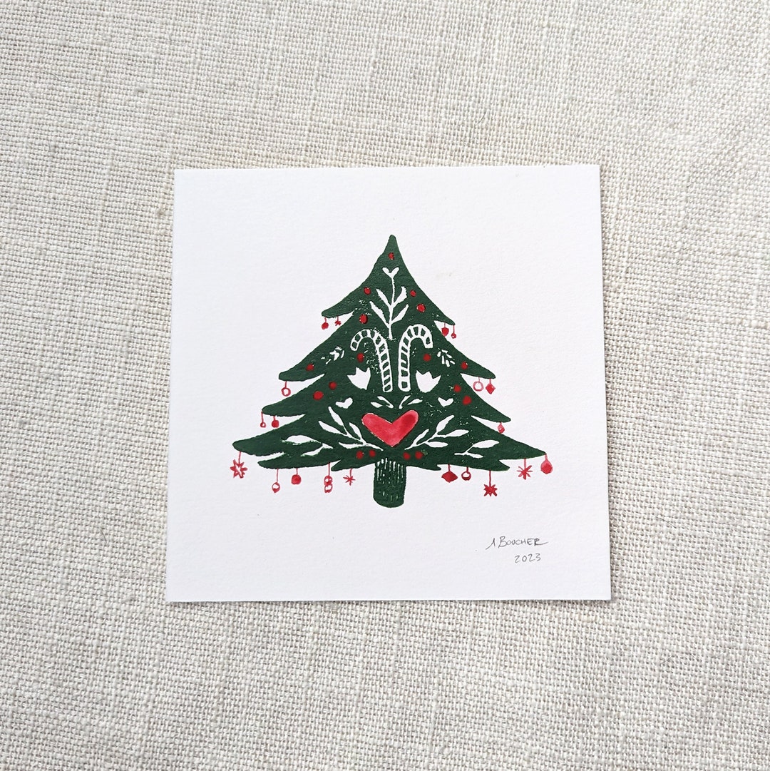 Christmas Tree Linocut Print, 5x5 Inches, Wall Art - Etsy