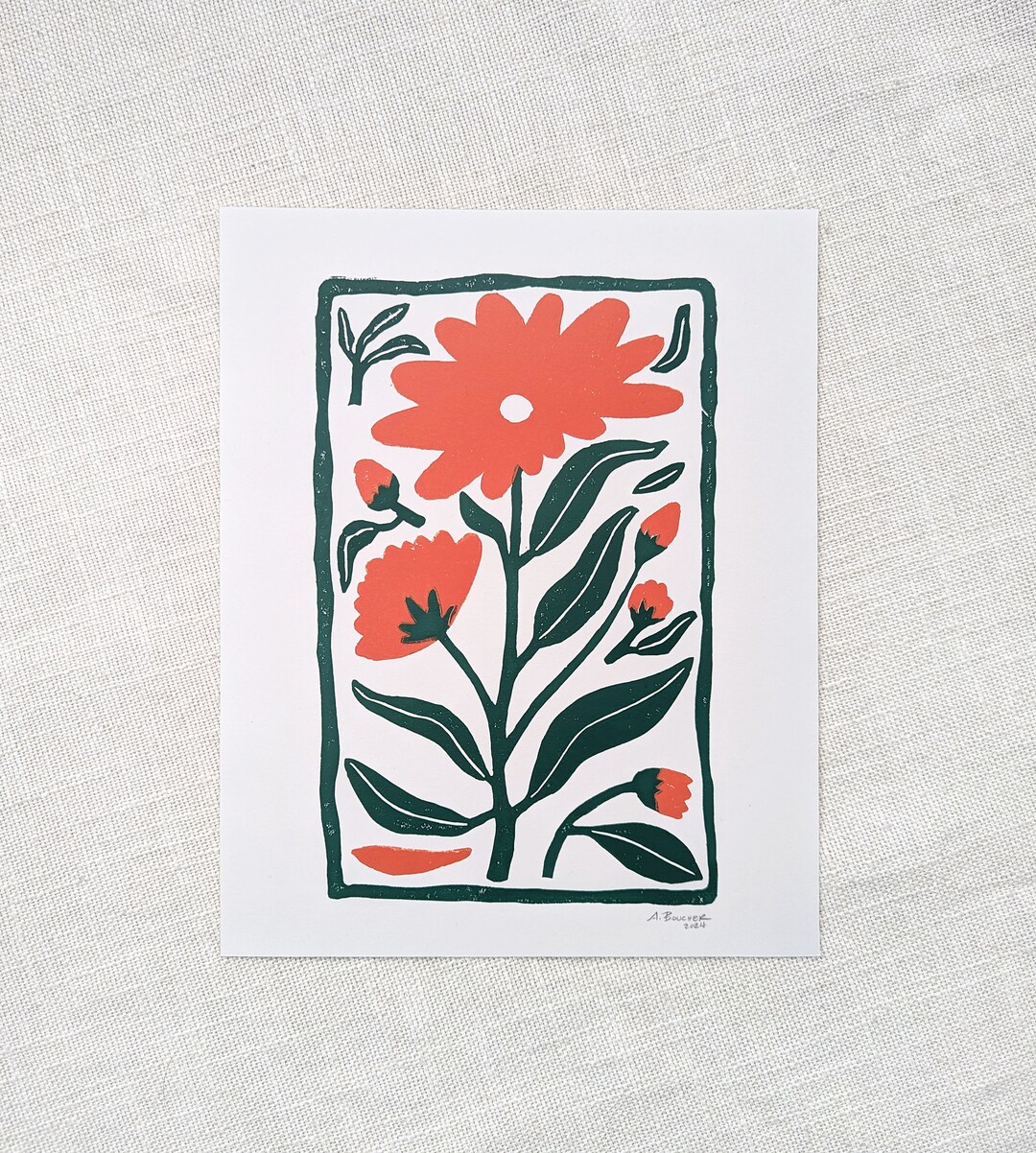 Original Linocut Print, 8x10 Inch Block Print on Paper, Orange and ...