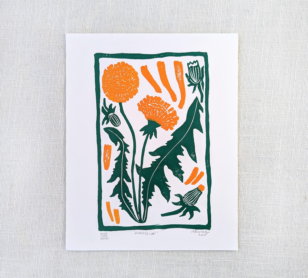 Dandelion Linocut Print, Original 8x10 Inch Block Print on Paper, Wall ...