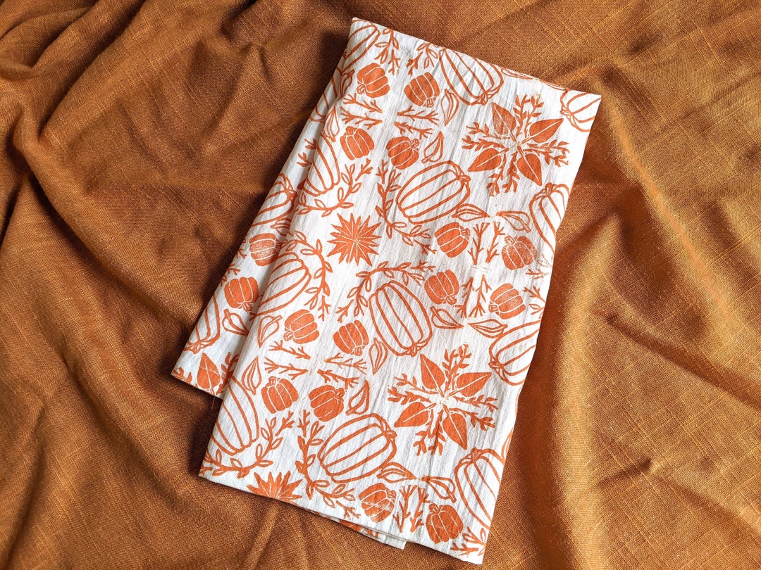 Handprinted Fall Tea Towel, Pumpkin Tea Towel, Fall Kitchen Decor, 28 X ...