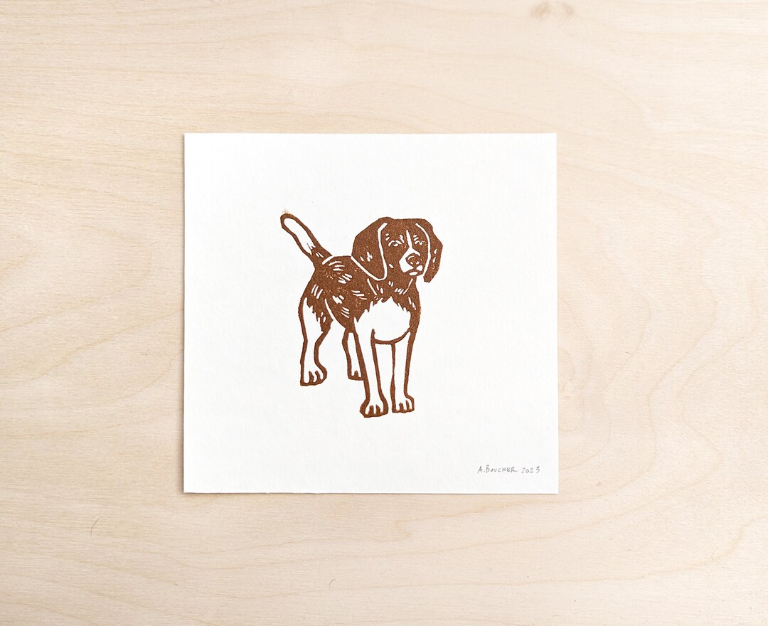 Beagle Dog Art Print, Small 5x5in Square Linocut Print on White Acid ...