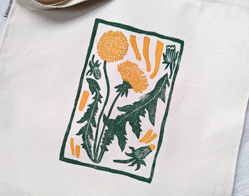 Dandelion Tote Bag, Block Printed Organic Cotton Canvas Bag, 14x15 ...