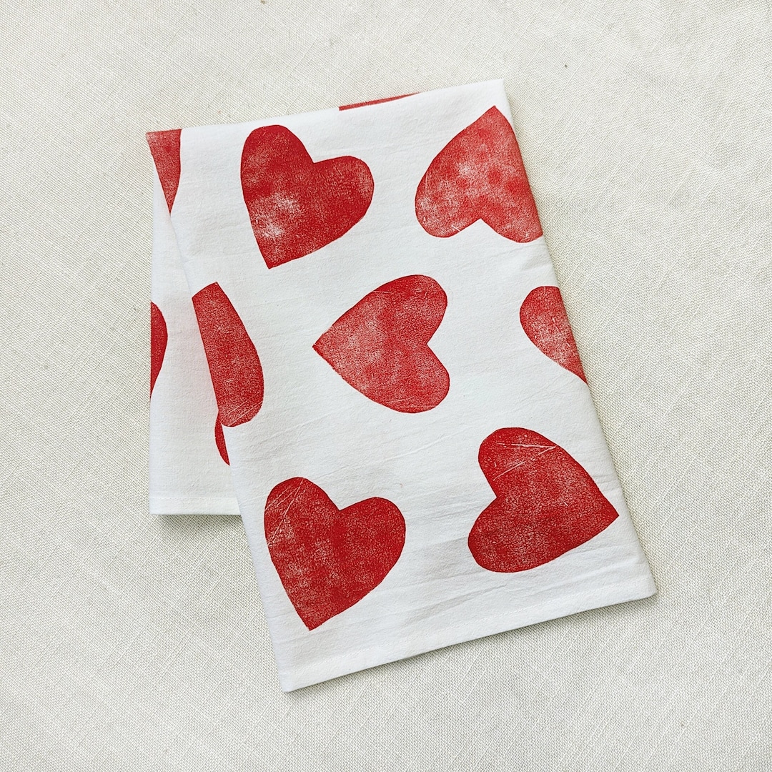 Red Heart Tea Towel, 28x28 in Block Printed Cotton Kitchen Towel for ...