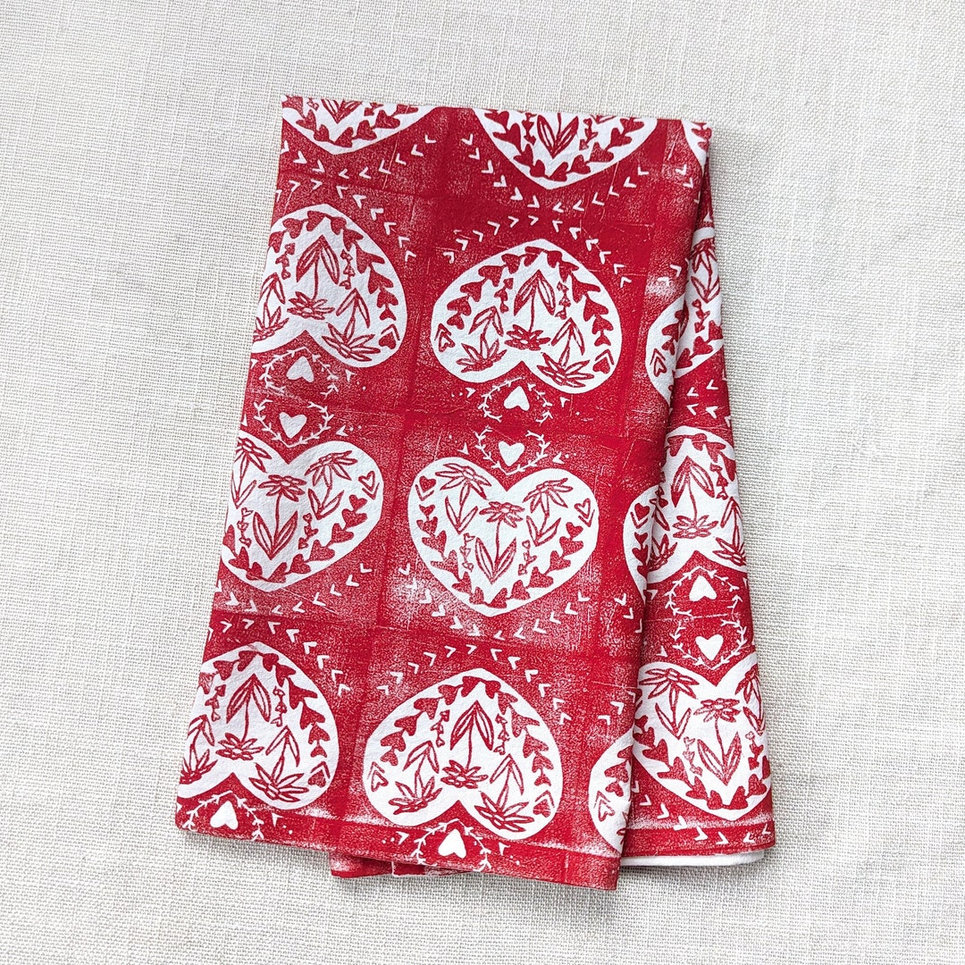 Heart Tea Towel, Block Printed Cotton Tea Towel With Heart Pattern ...