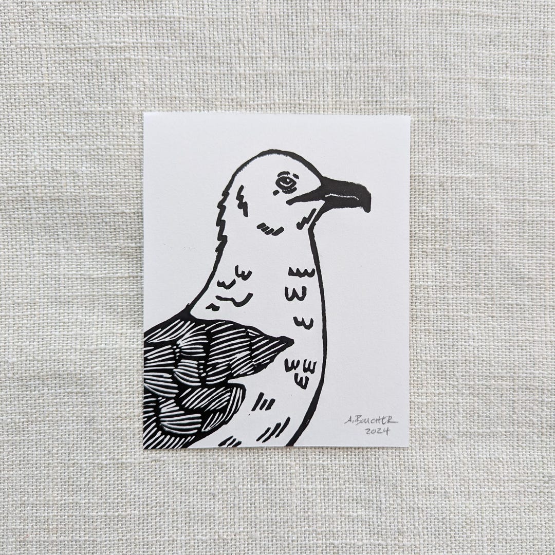 4x5 Inch Seagull Portrait Block Print - Tiny Art - Black Ink on White ...