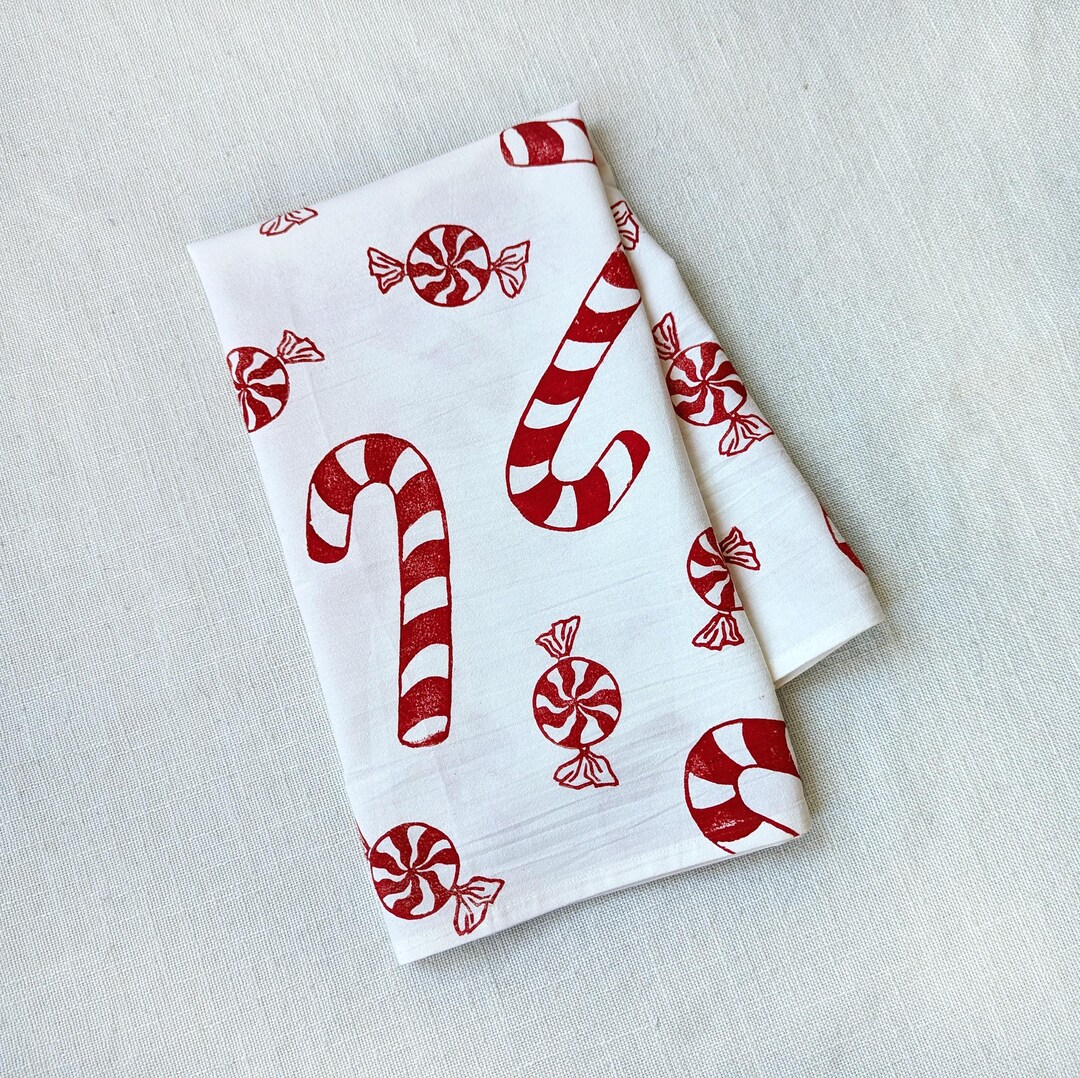 Candy Cane Tea Towel - 28x28in Block Printed Tea Towel With Red Candy ...