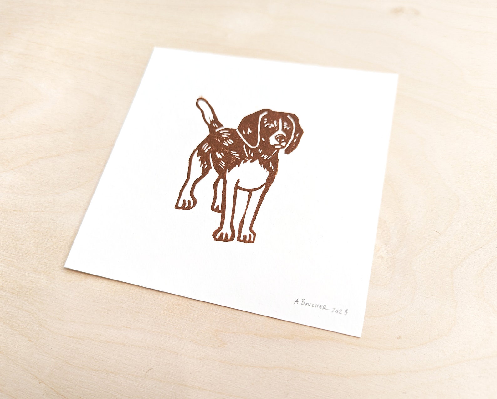 Beagle Dog Art Print, Small 5x5in Square Linocut Print on White Acid ...
