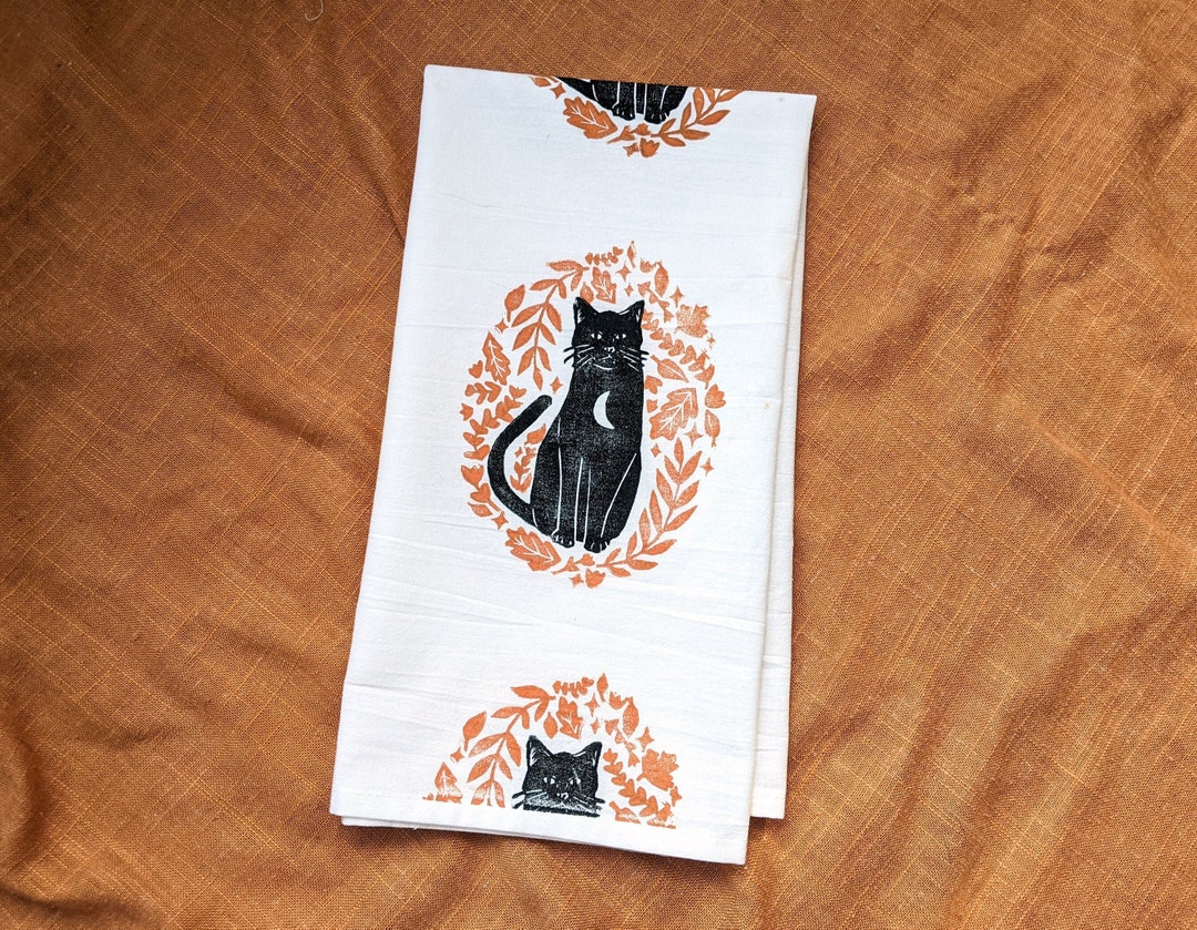 Cat Tea Towel, 28 X 28 Inch Block Printed Cotton Kitchen Towel for ...