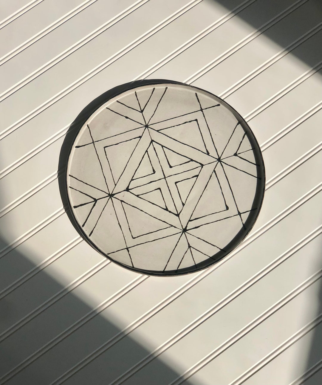 Small Round Ceramic Tray - Drawn Geometric Line - Black on White - Etsy