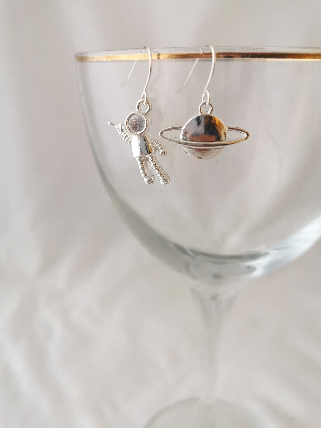 Funky Silver Planet and Astronaut Asymmetric Earrings. Silver Plated ...