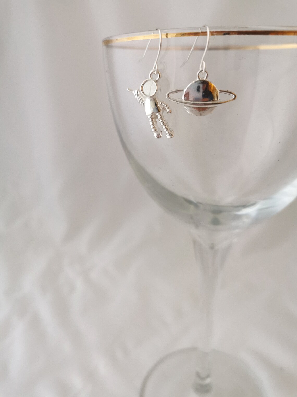 Funky Silver Planet and Astronaut Asymmetric Earrings. Silver Plated ...