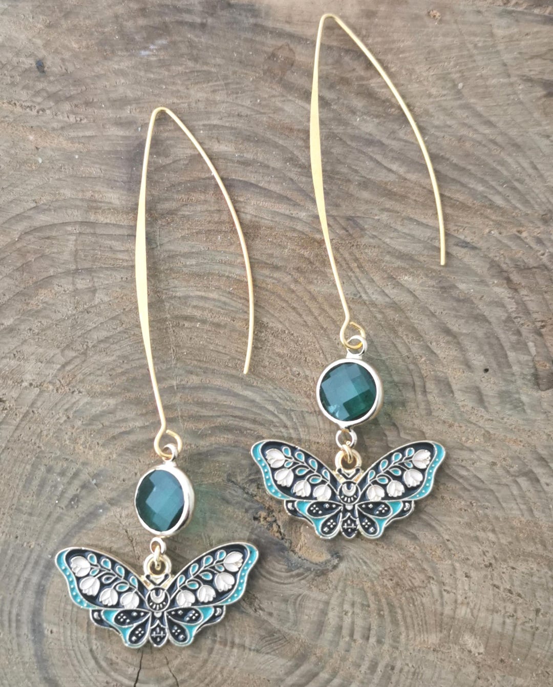 Gold and Teal Dangly Moth Earrings. - Etsy