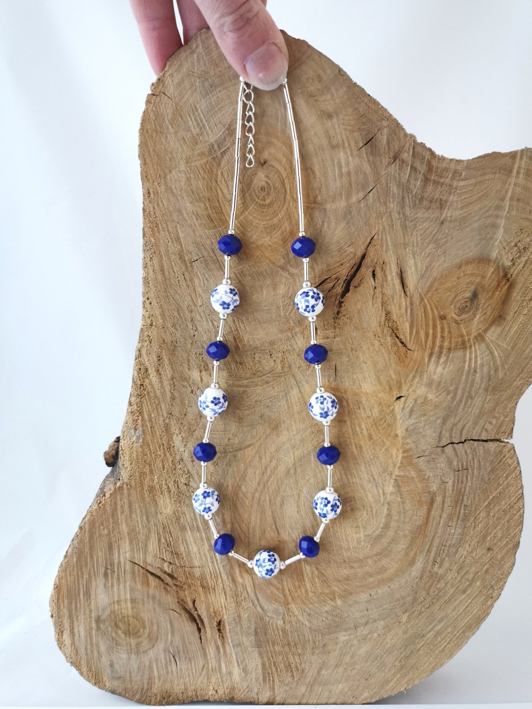 Blue and White Ceramic Bead Necklace - Etsy