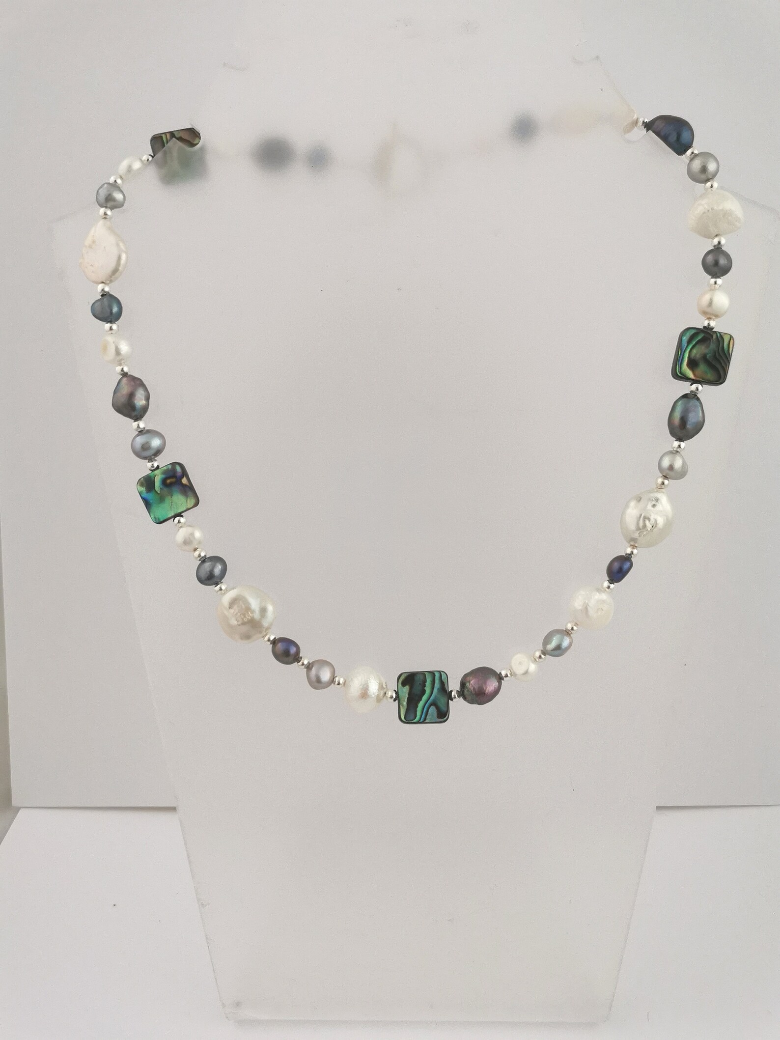 Mixed Freshwater Pearl and Abalone Necklace, Blacks, Whites and Greys ...