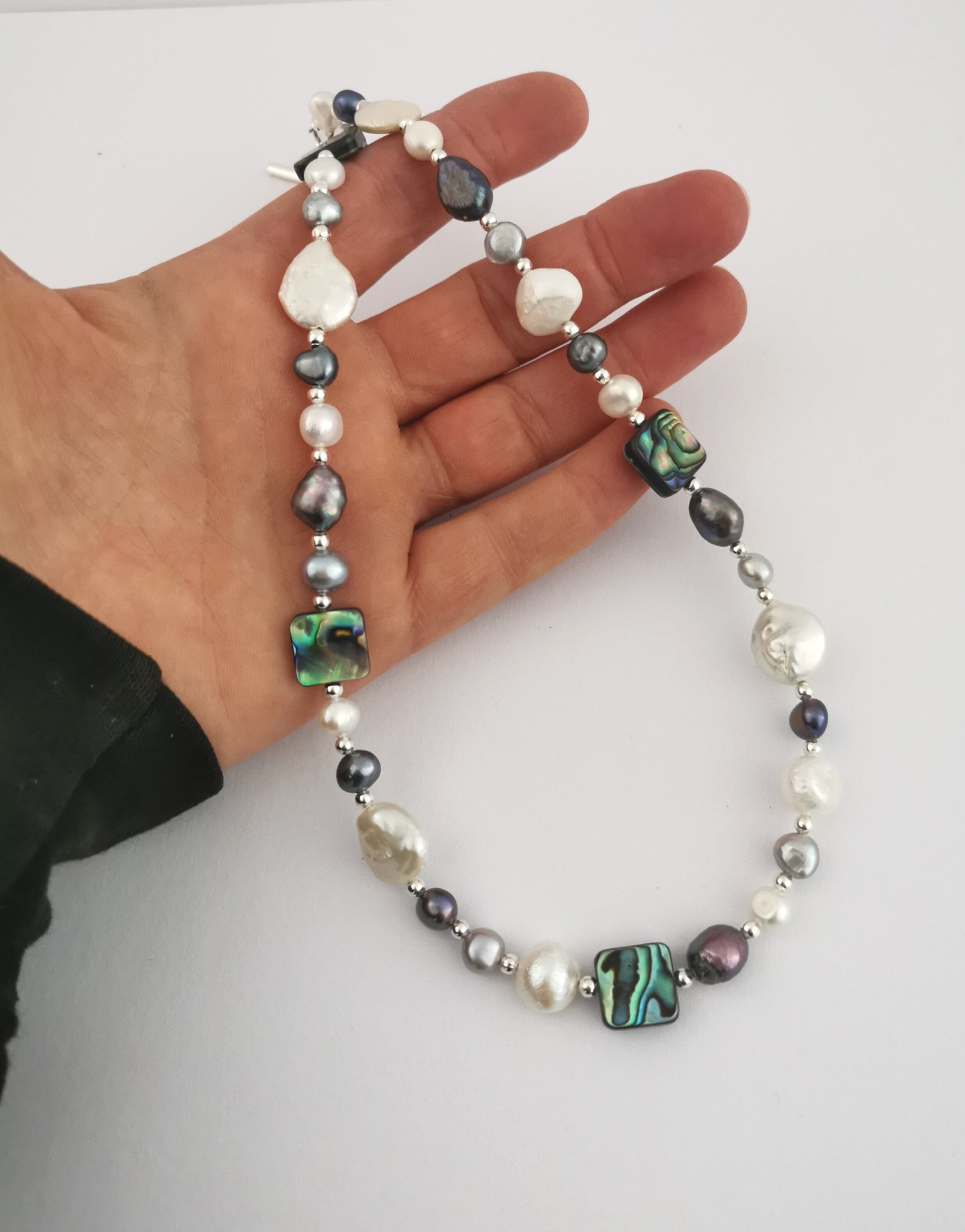 Mixed Freshwater pearl and abalone necklace, blacks, whites and greys ...