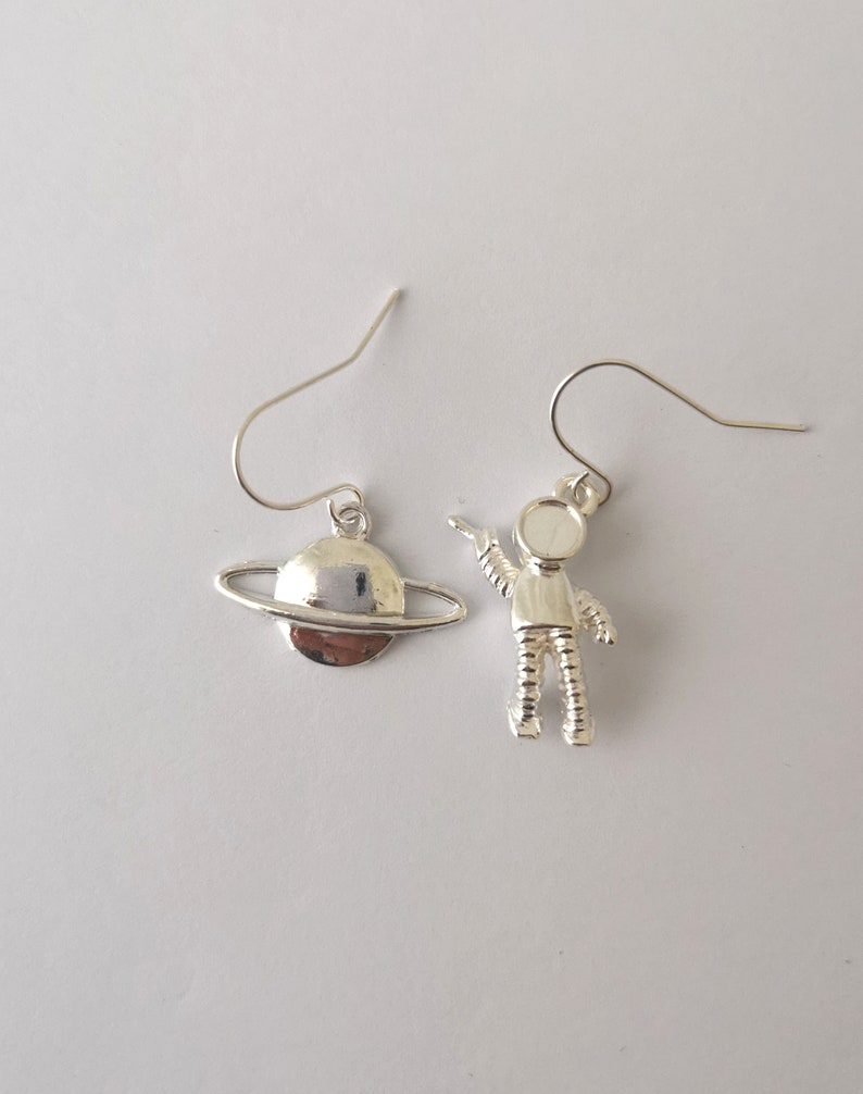 Funky Silver Planet and Astronaut Asymmetric Earrings. Silver Plated ...