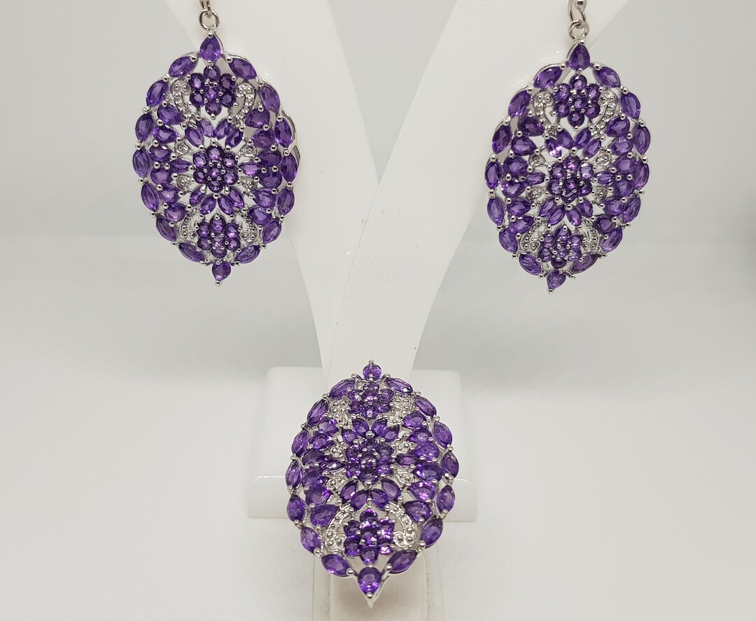 Amethyst Jewelry Set: Sterling Silver Ring and Earrings - Etsy