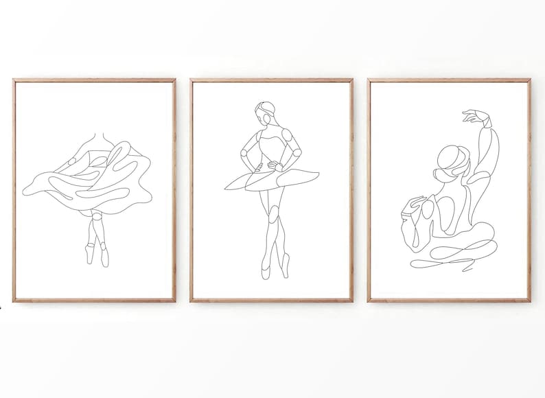 Line Art Ballerina Set of 3, Ballet Contour Drawing, Fine Line ...