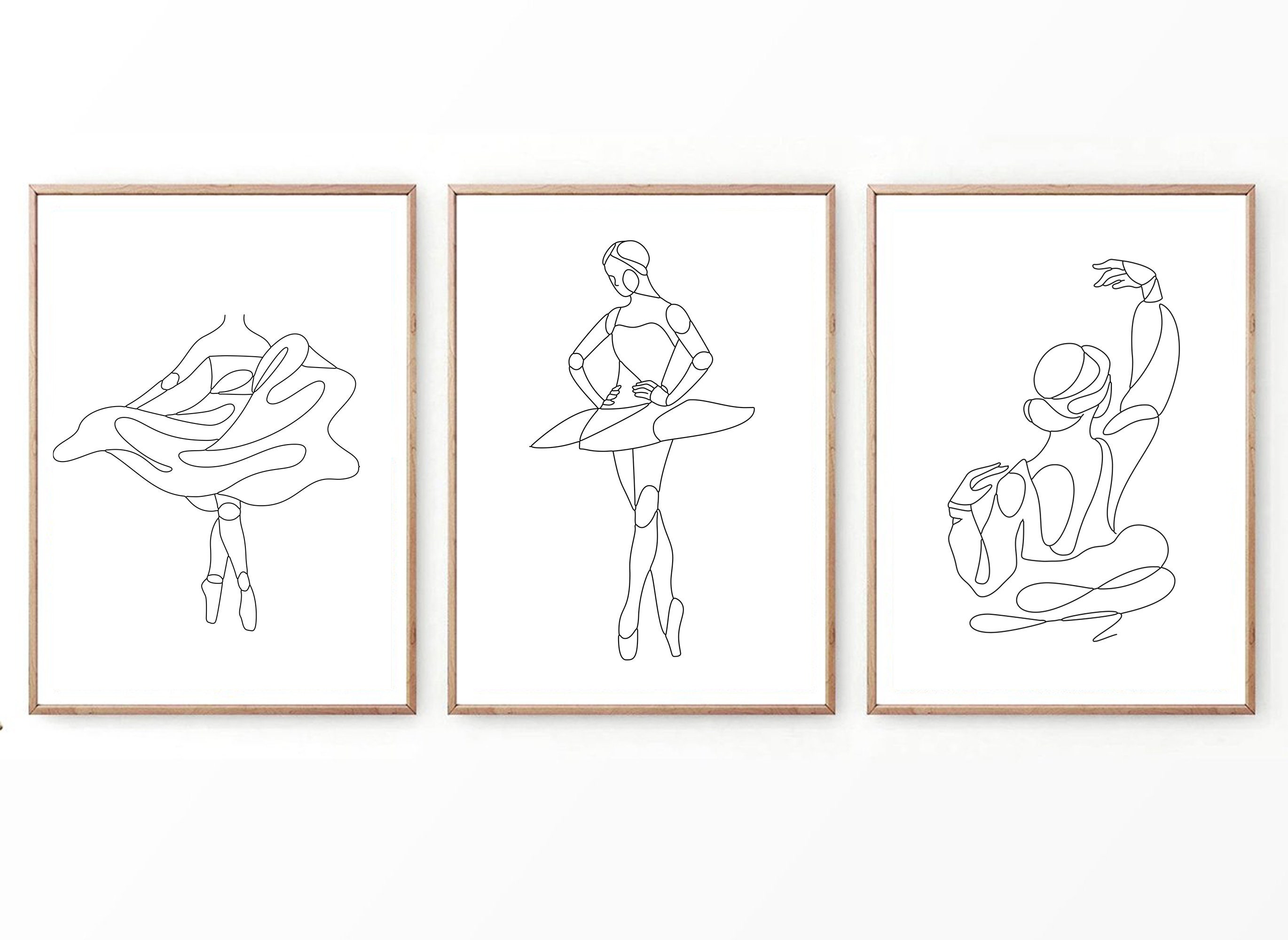 Line Art Ballerina Set of 3, Ballet Contour Drawing, Fine Line ...