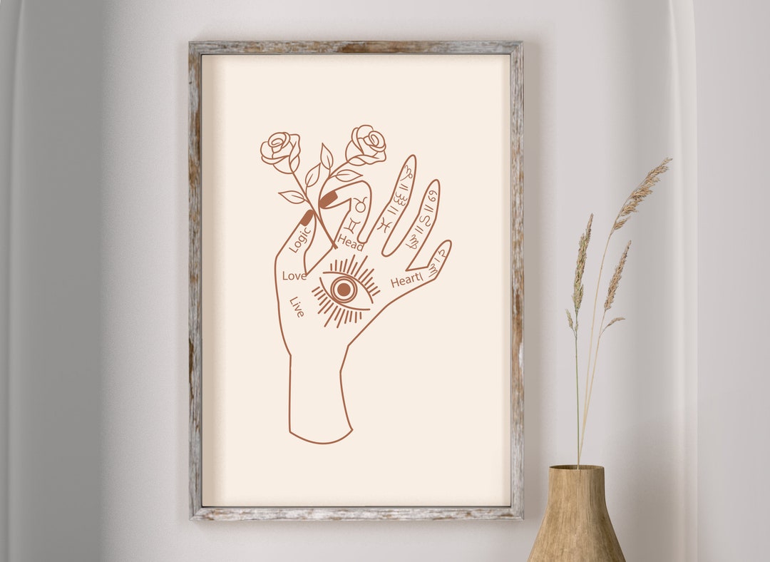 Line Hand Drawing Print, Holding Hands Rose Print, Palmistry Wall Art ...
