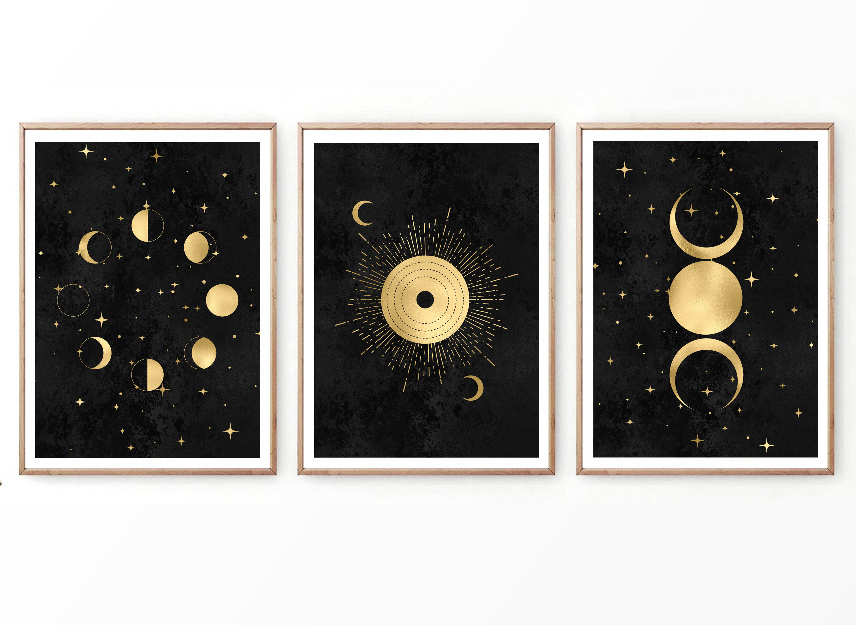 Sun Moon Stars Trio Black and Gold Celestial Wall Art Sun - Etsy