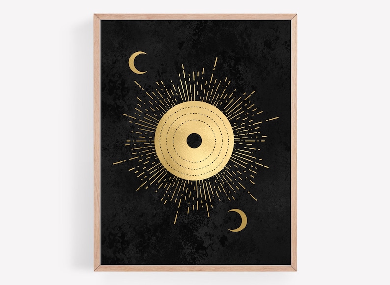 Sun Moon Stars Trio Black and Gold Celestial Wall Art Sun | Etsy