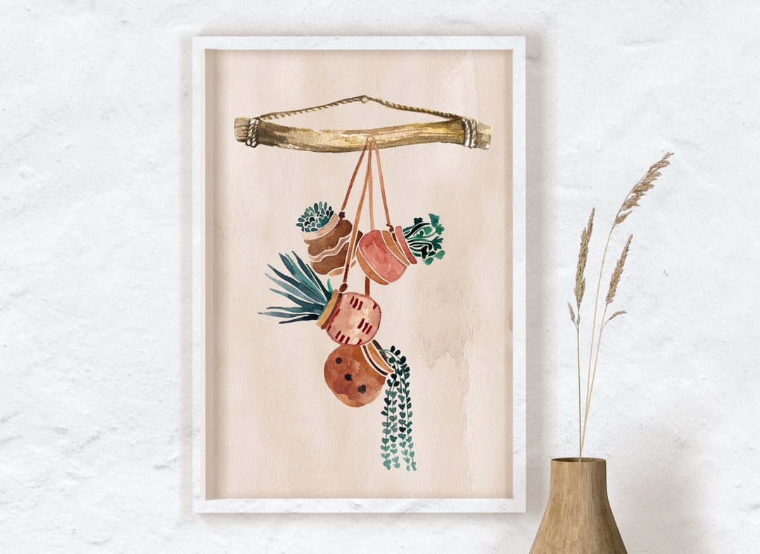 Boho Wall Art, Watercolor Botanical Print, Hanging Succulents, Indoor ...