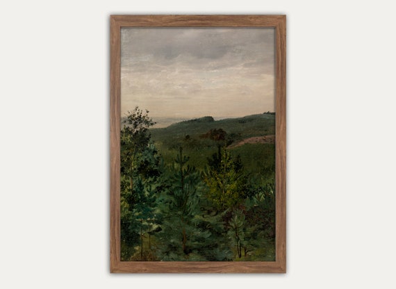 Vintage Landscape Painting Rustic Wall Art Pine Trees Moody | Etsy