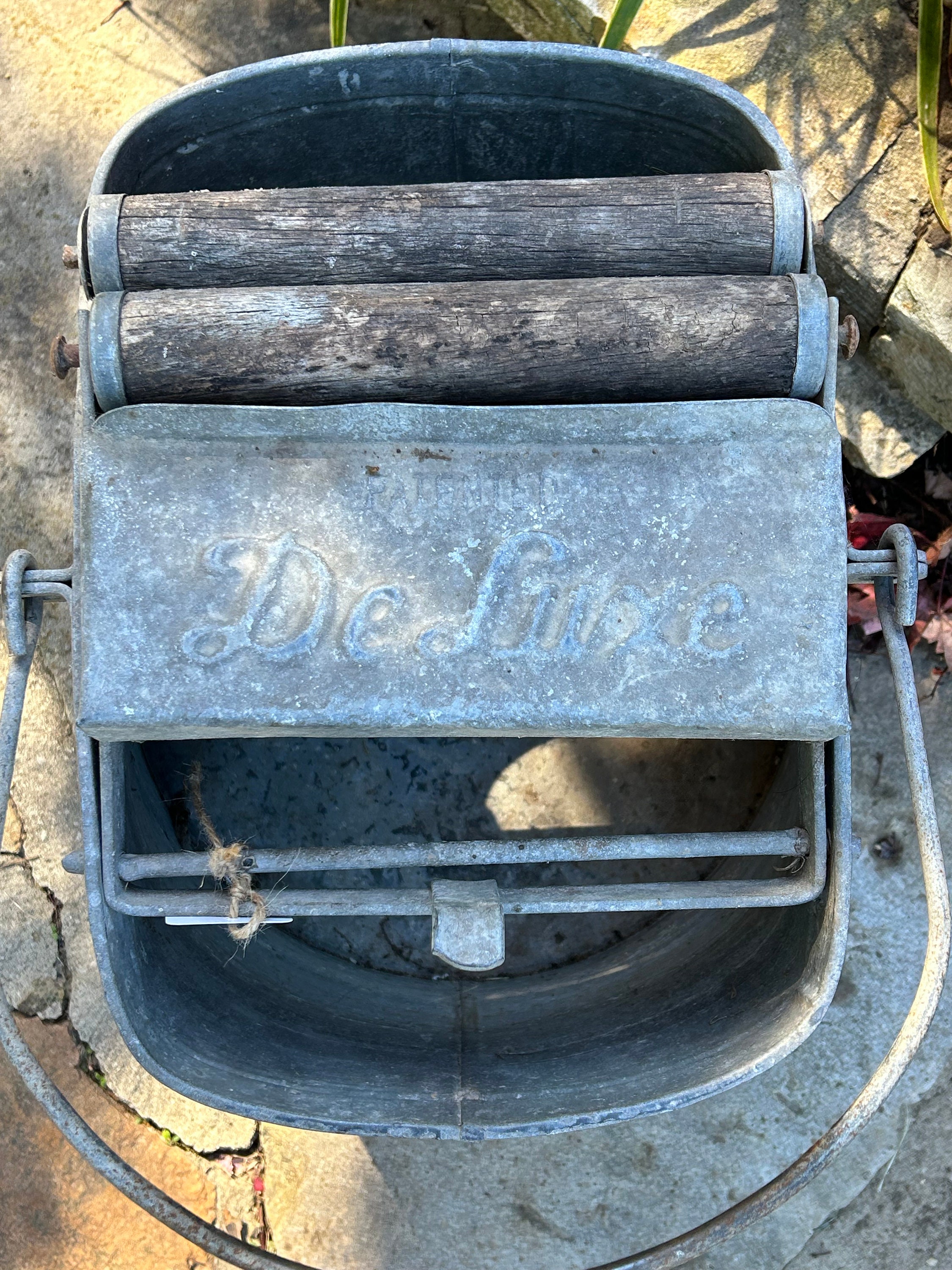 Vintage Mop Bucket Galvanized Metal With Wood Wringer Rollers De Luxe ...