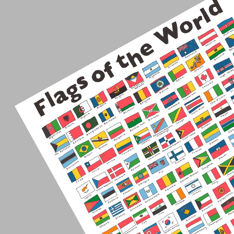 Flags of the World Poster Hand Drawn Countries Flags Chart | Etsy