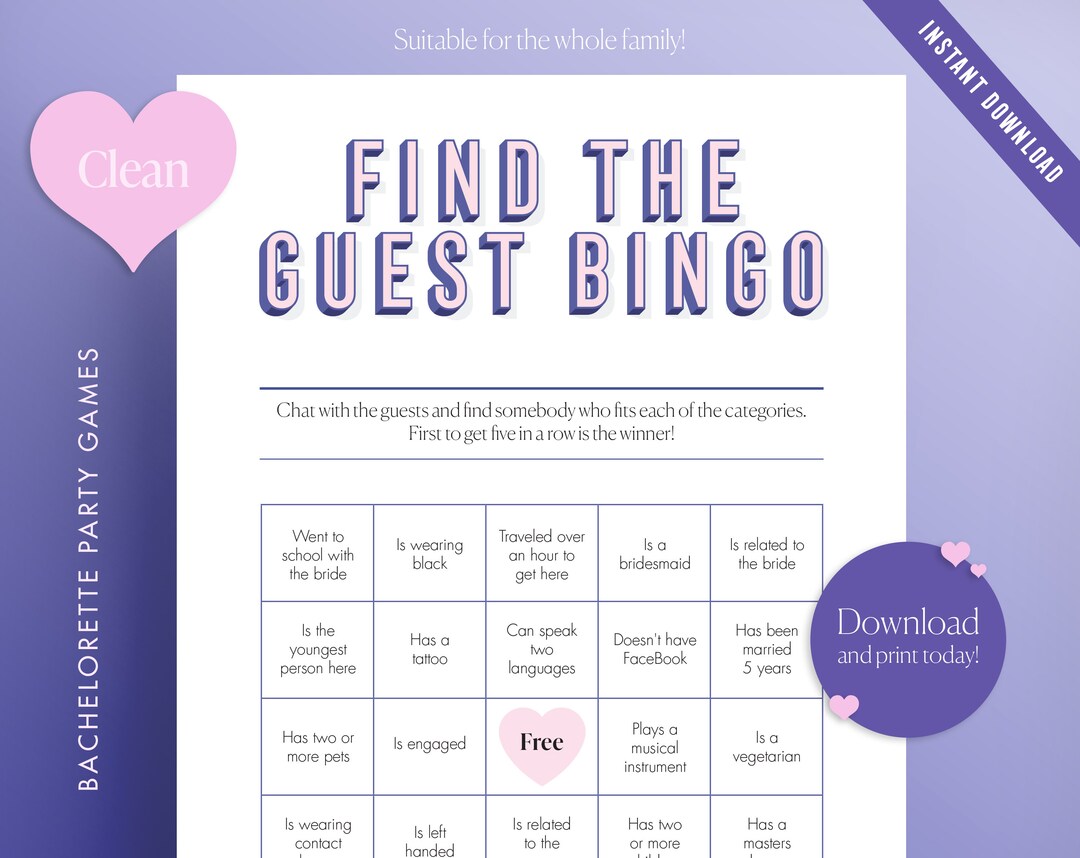 Clean Bachelorette Find the Guest Bingo Party Game, Bridal Shower Game ...