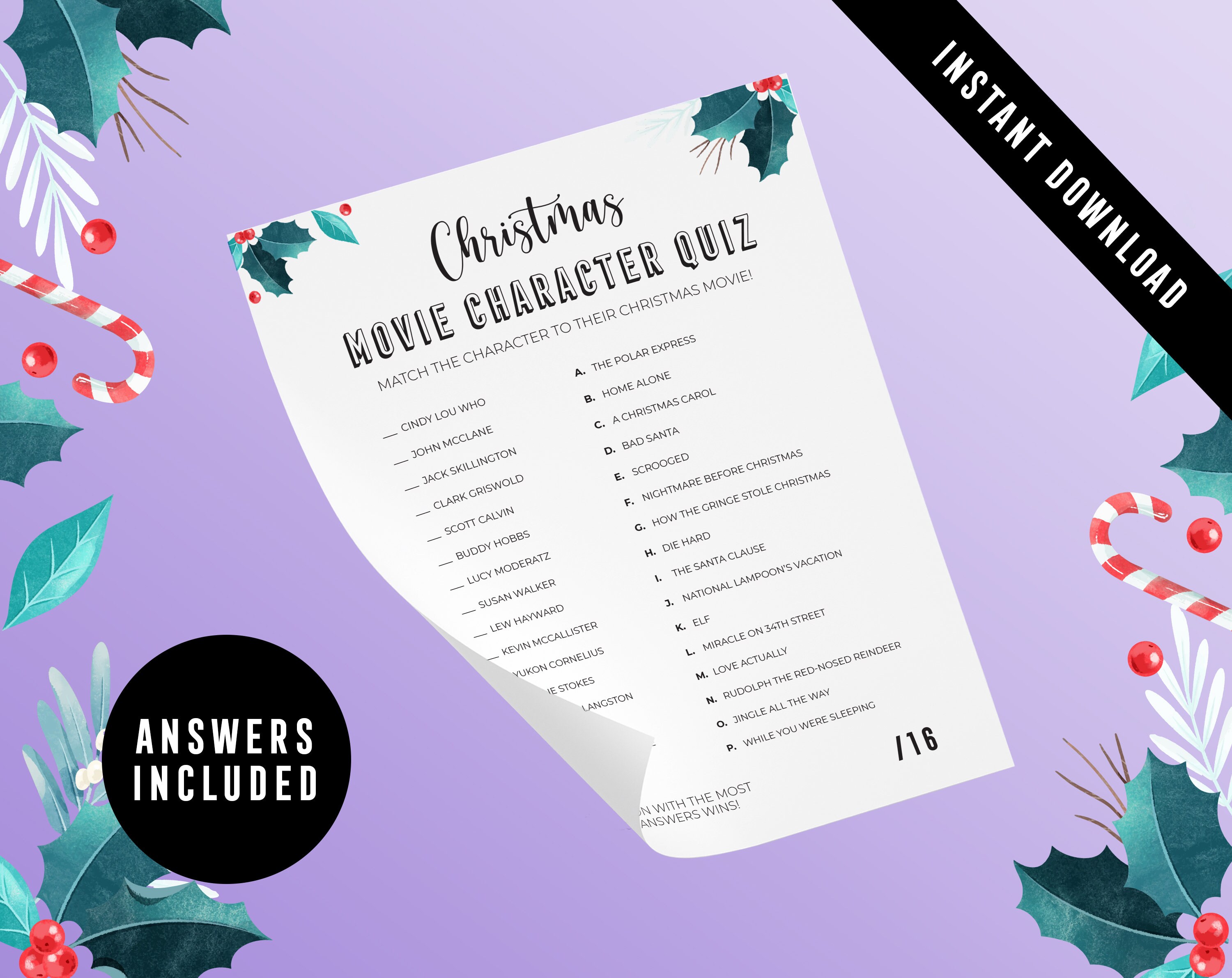 Match the Christmas Movie Characters Quiz Christmas Activity Printables ...