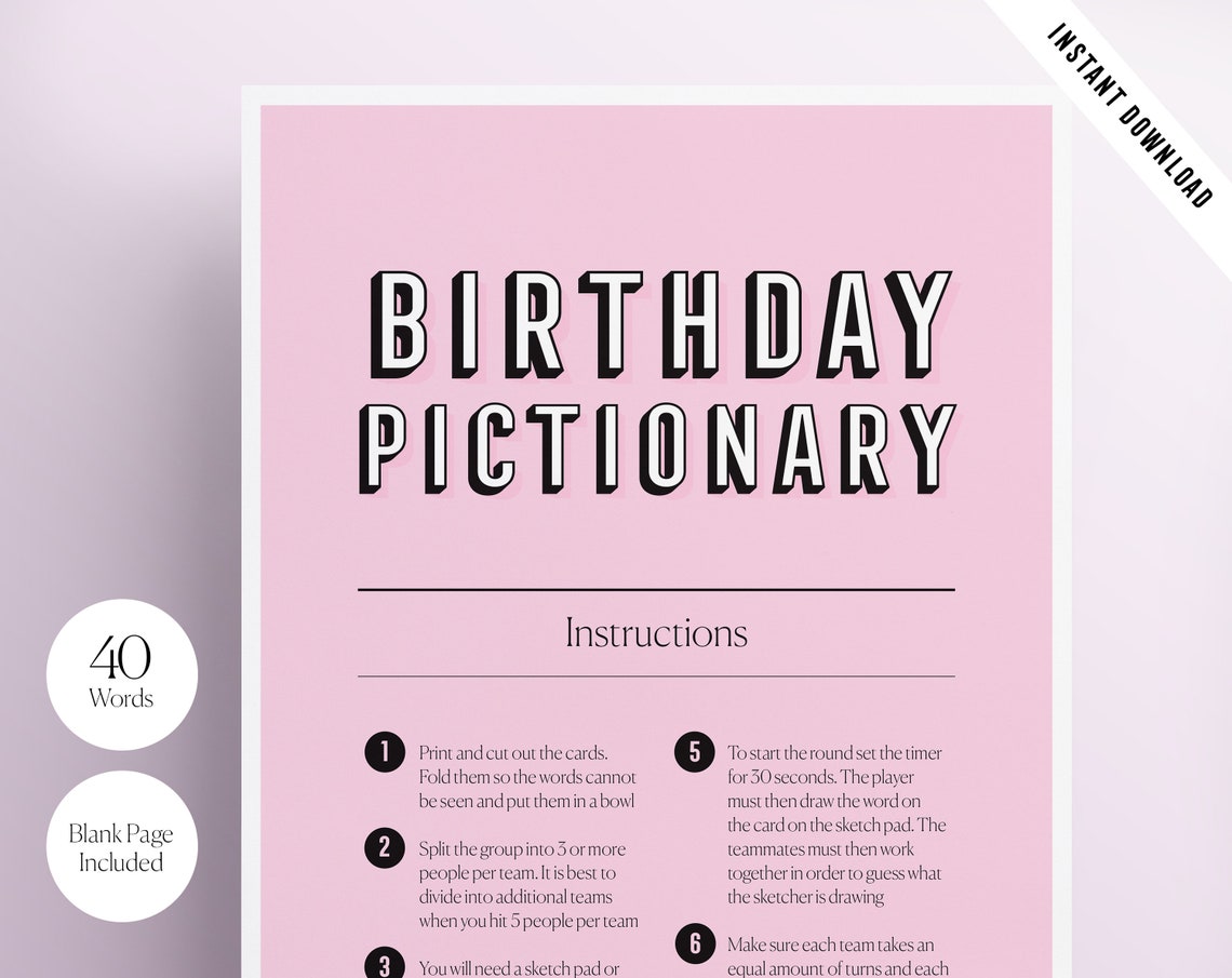 Birthday Pictionary Printable Game Birthday Party Games - Etsy