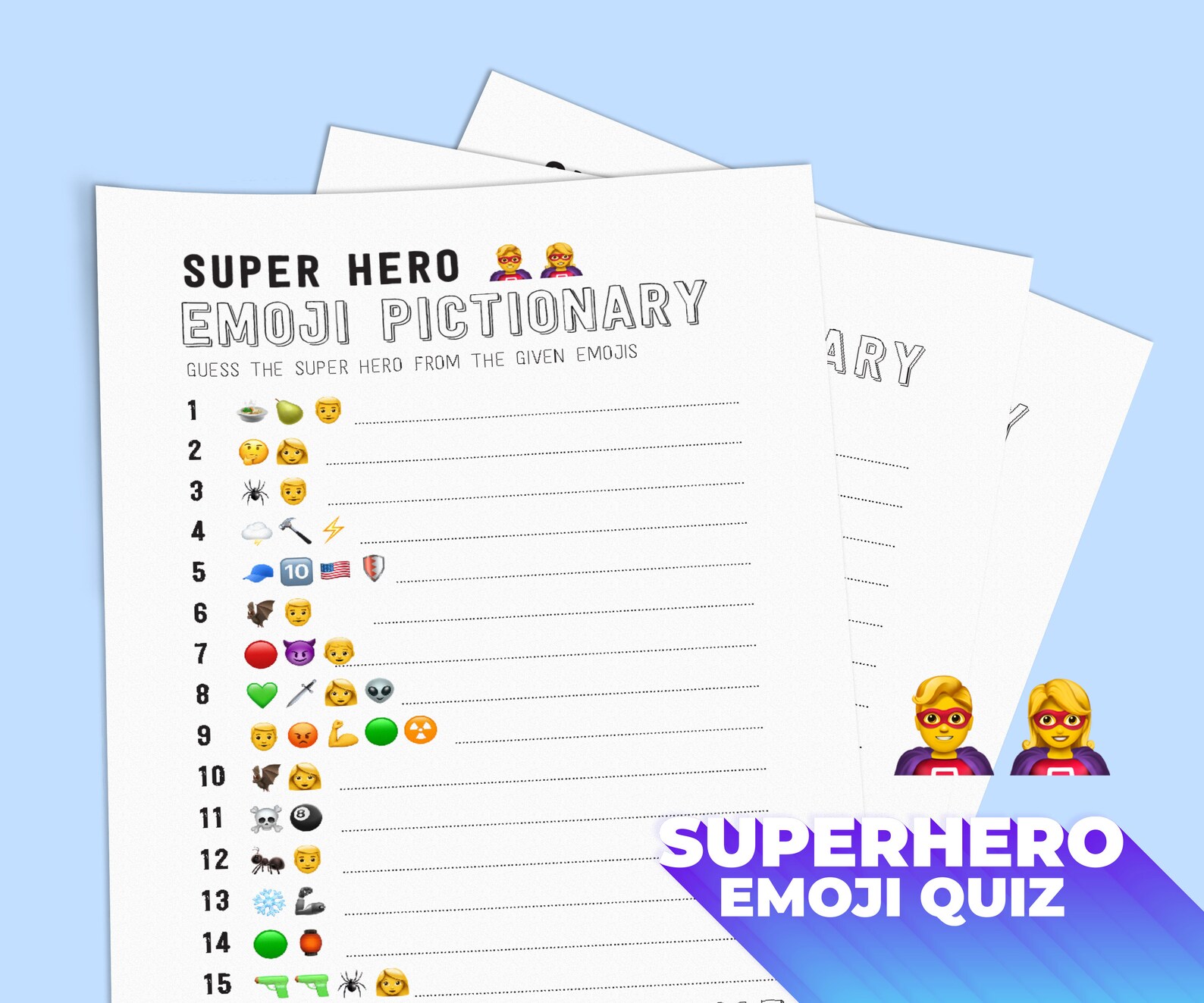 Super Hero Emoji Quiz Modern Design Printables Emoji Pictionary 3 Fun ...