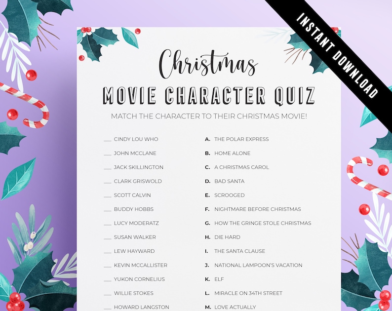 Match the Christmas Movie Characters Quiz Christmas Activity Printables ...