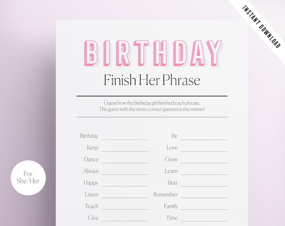 Birthday Finish Her Phrase Game Birthday Printable Game - Etsy