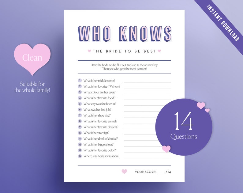 Clean Who Knows the Bride to Be Best Printable, Bachelorette Games ...