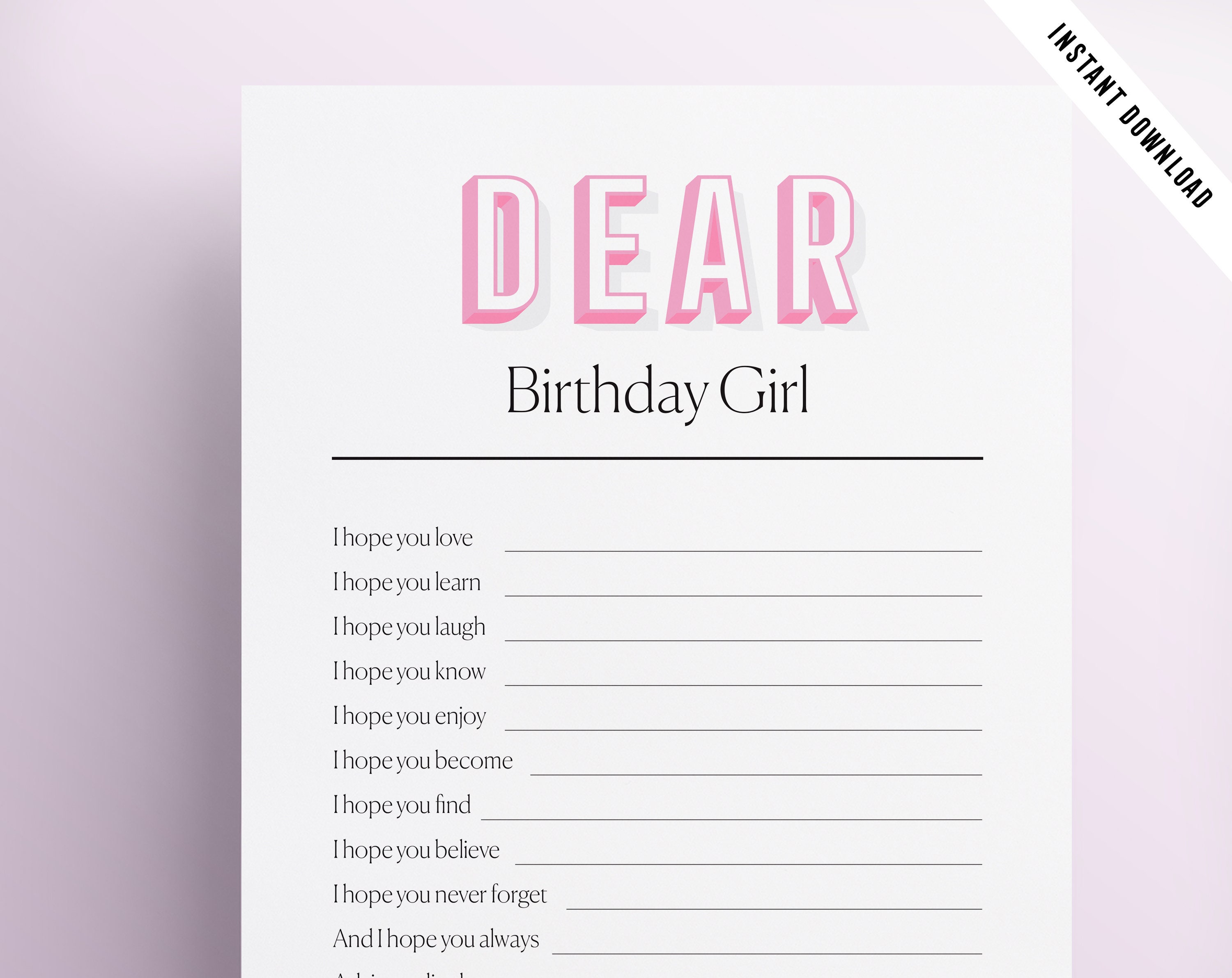 Dear Birthday Girl Printable She/her Birthday Adult - Etsy