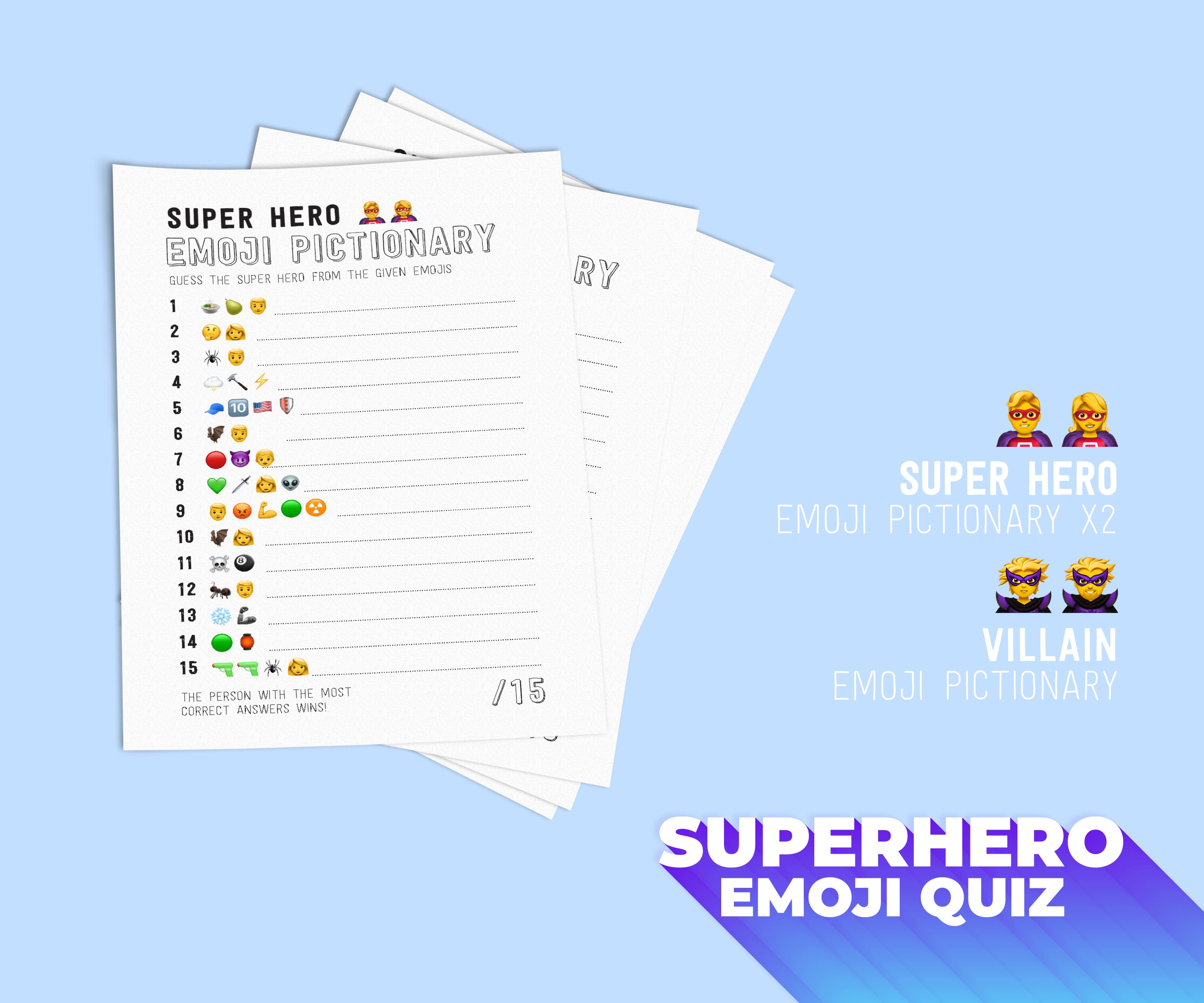 Super Hero Emoji Quiz | Modern Design | Printables | Emoji Pictionary ...