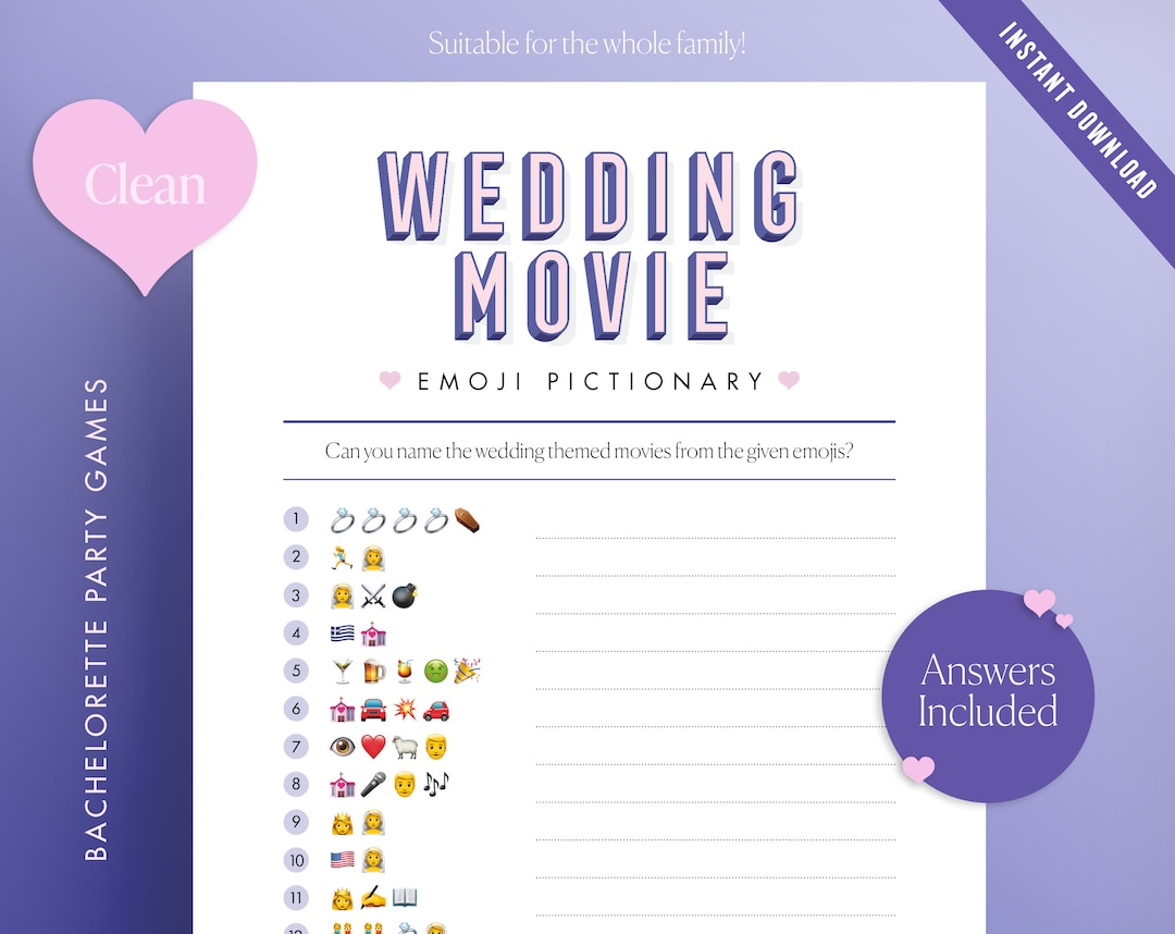 Clean Bachelorette, Wedding Movie Emoji Pictionary Game, Clean Bridal ...