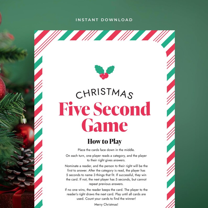 Christmas Five Second Game - Printable Cards - Five Second Rule for ...