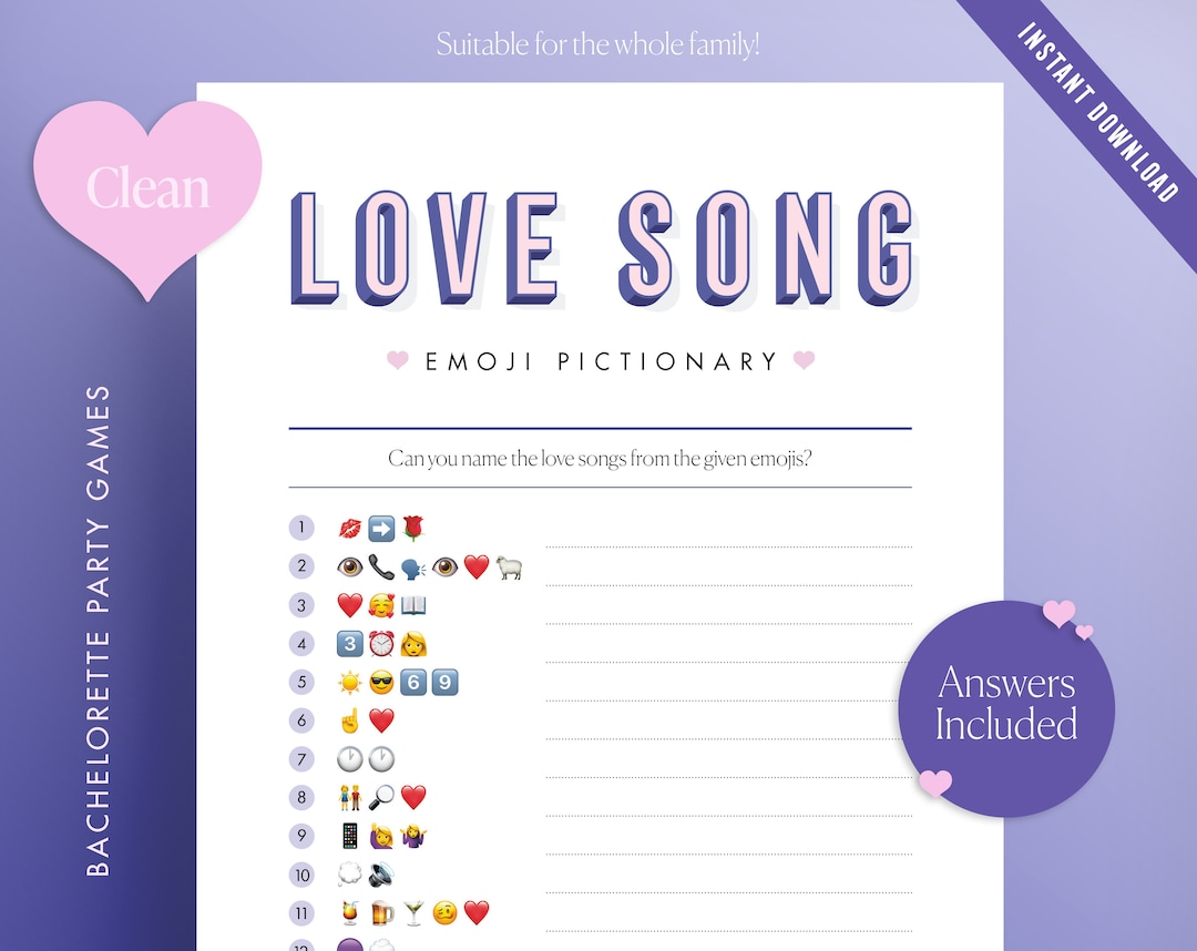 Clean Bachelorette, Love Song Emoji Pictionary Game, Clean Bridal ...