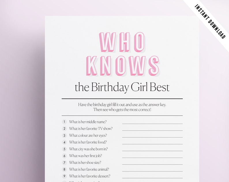 Who Knows the Birthday Girl Best Printable Game She/her - Etsy