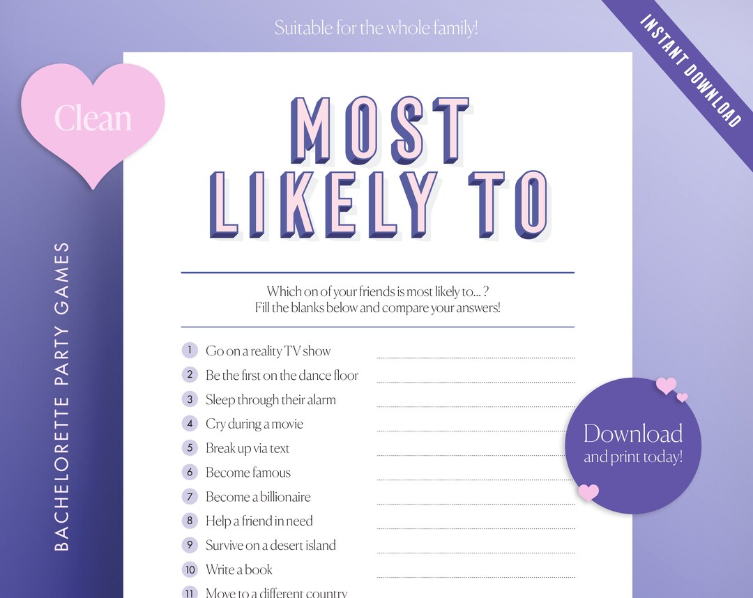 Clean Bachelorette Game, Bridal Shower Game! Most Likely to Guest Game ...