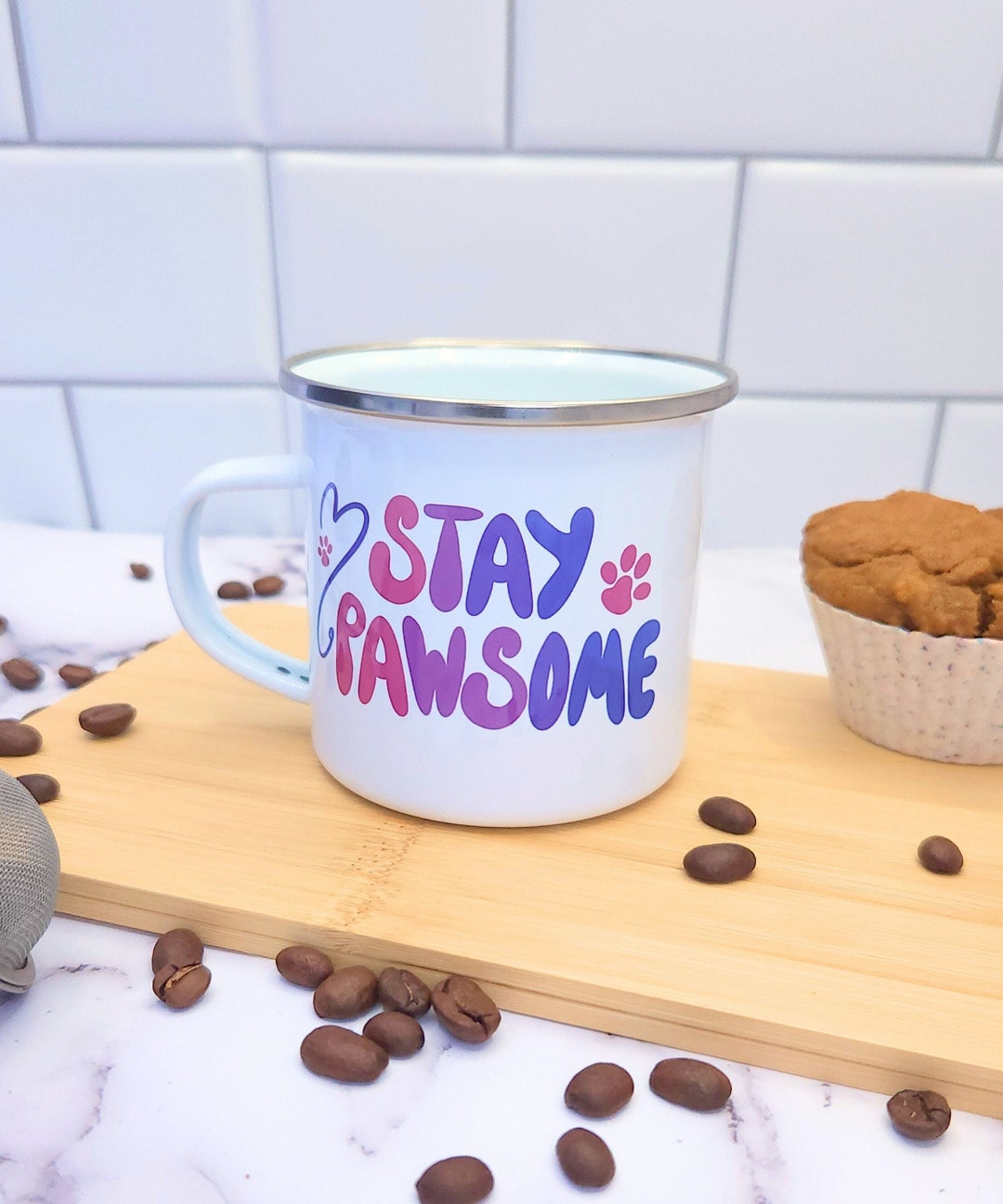 Dog Mom Enamel Camping Mug, Stay Pawsome Wife or Girlfriend Gift Idea ...