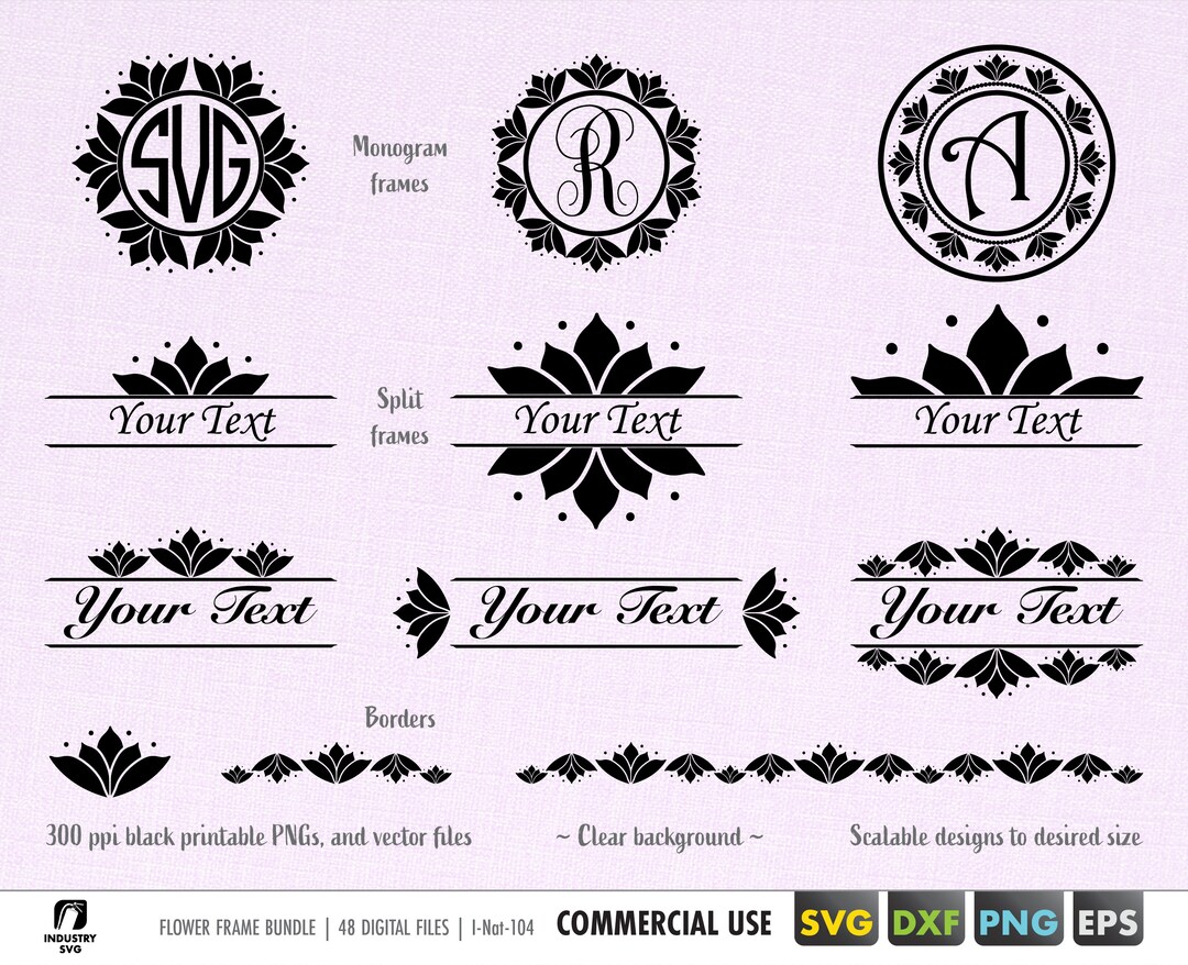 Flower Split Monogram Svg, Split Frame Svg, Lotus Svg Flower Border Cut ...